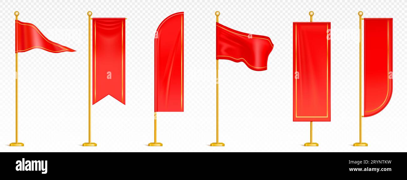 Red pennant 3d mockup. Realistic vector illustration set of triangular ...