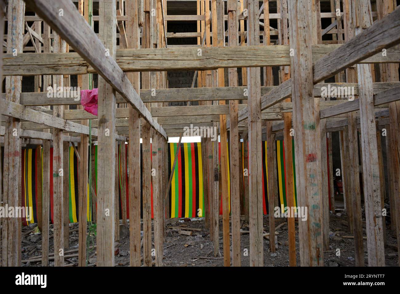 Wood formwork and scaffolding for pouring concrete and support a newly ...