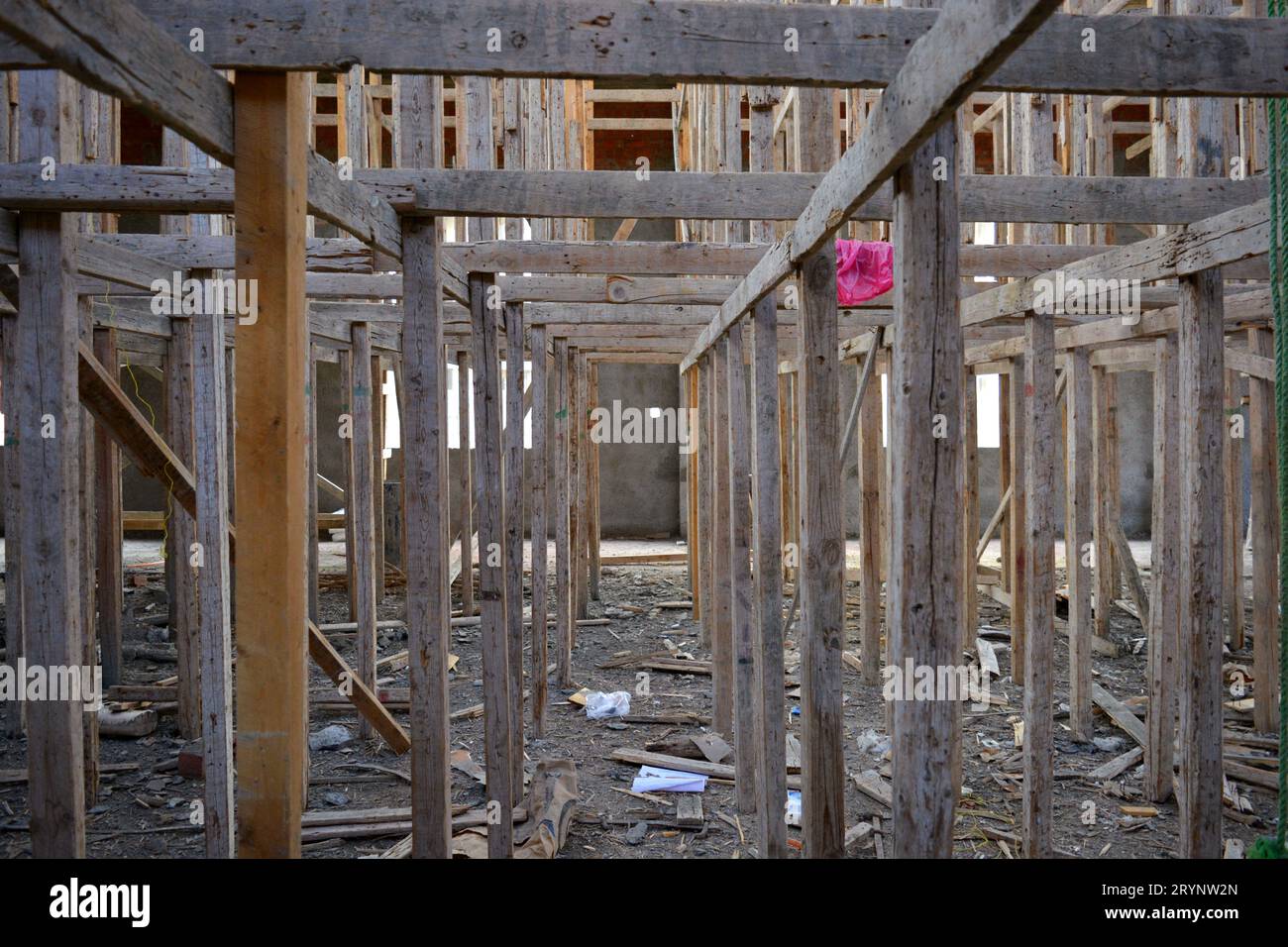 Wood formwork and scaffolding for pouring concrete and support a newly ...