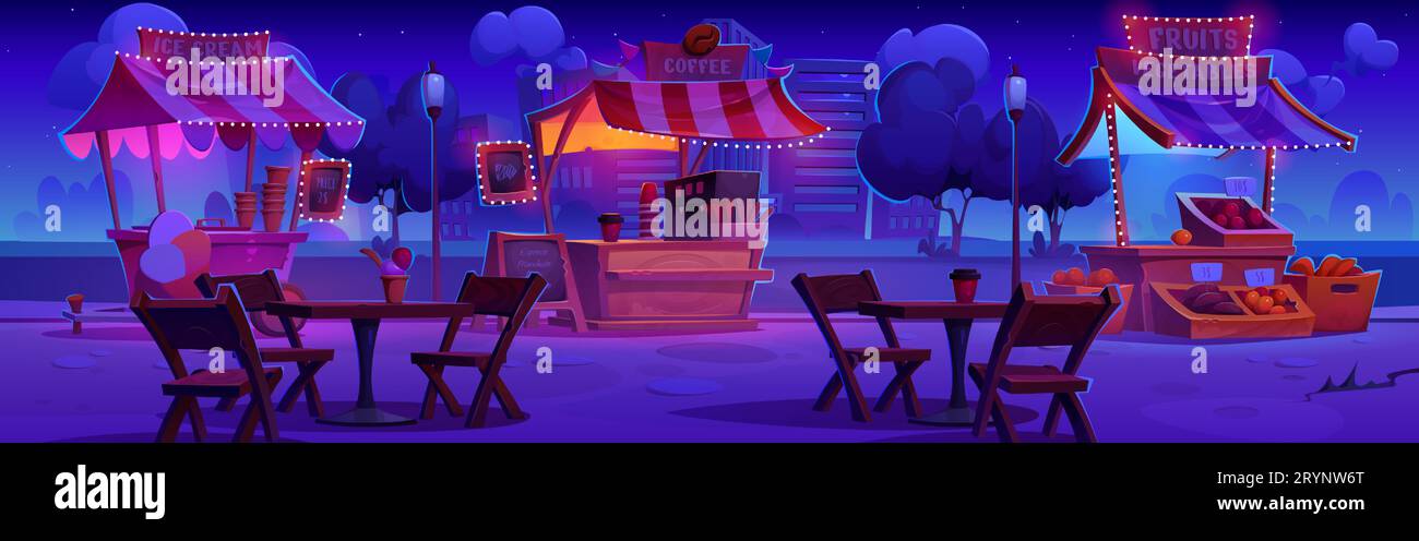 Street food festival or city park with stalls at night. Cartoon ...