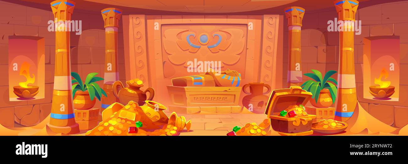 Egyptian pharaoh tomb with columns and mummy in sarcophagus on stone ...