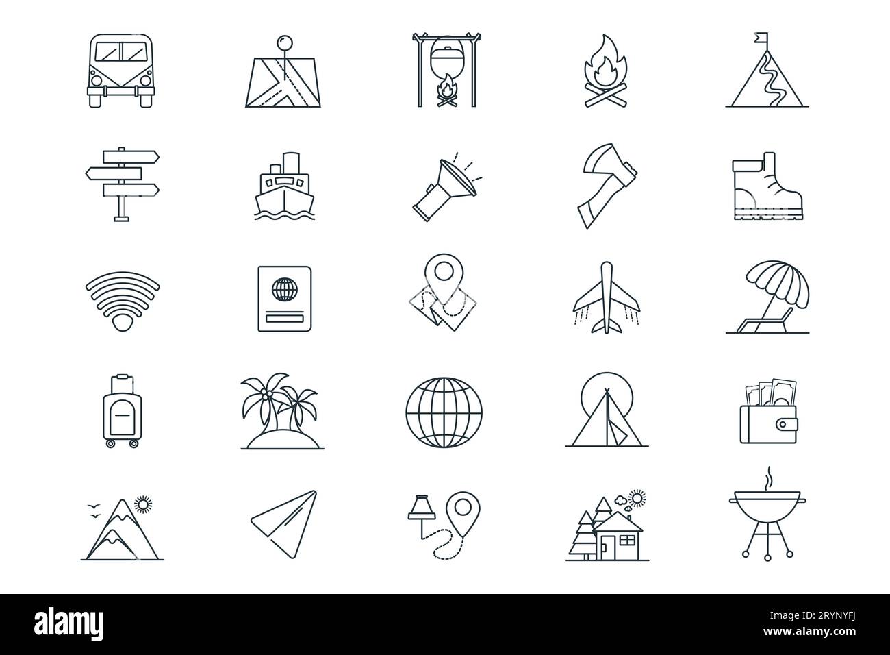 Set of simple travel icons. Vacation hiking in the mountains and resort ...