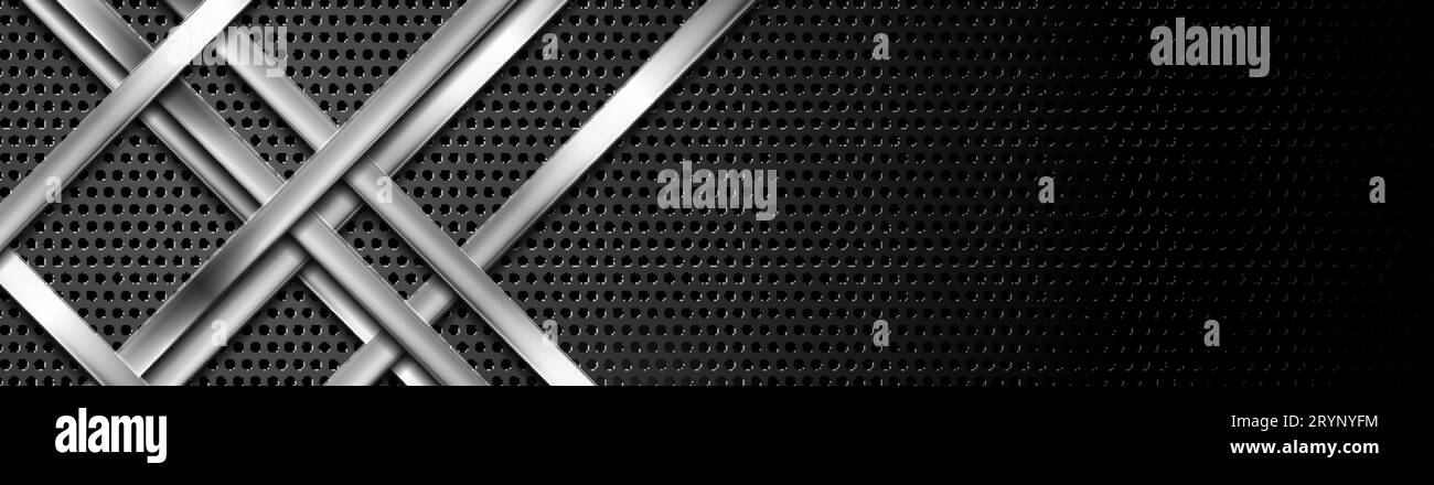 Silver metal stripes on dark perforated background vector banner design ...