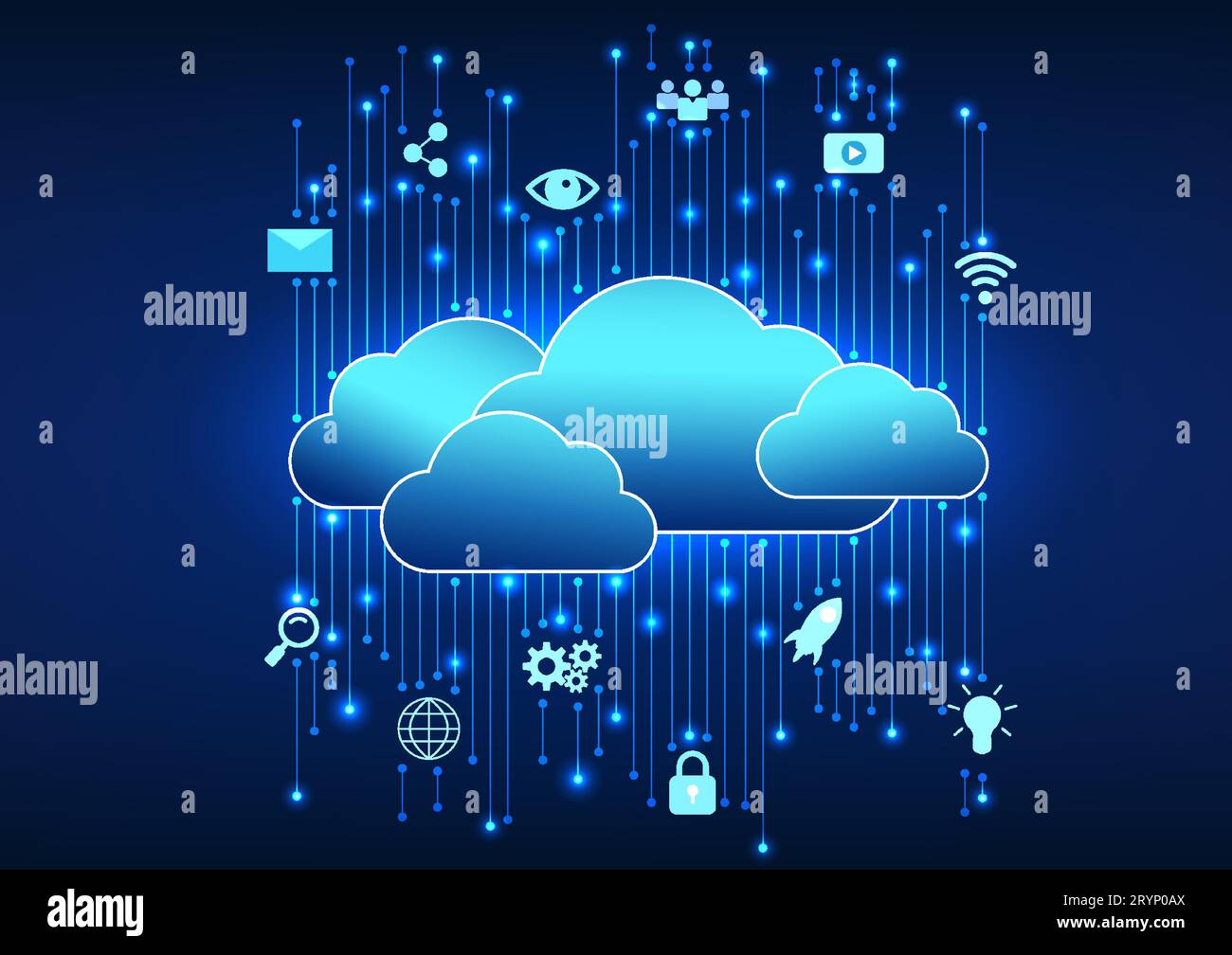 Cloud technology, multi layered overlapping clouds With circuit connected technology icons ...