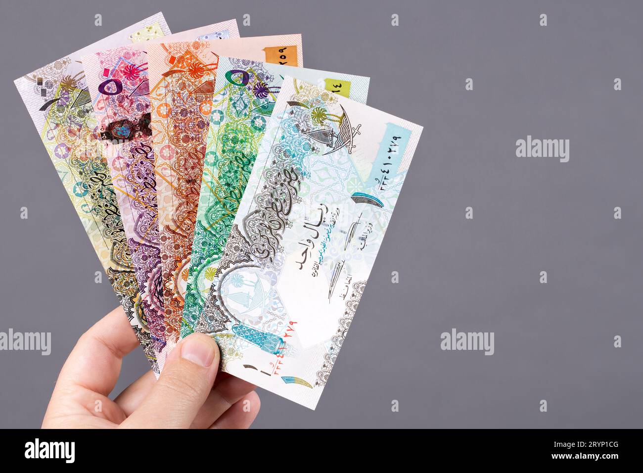 Qatari money in the hand on a gray background Stock Photo - Alamy