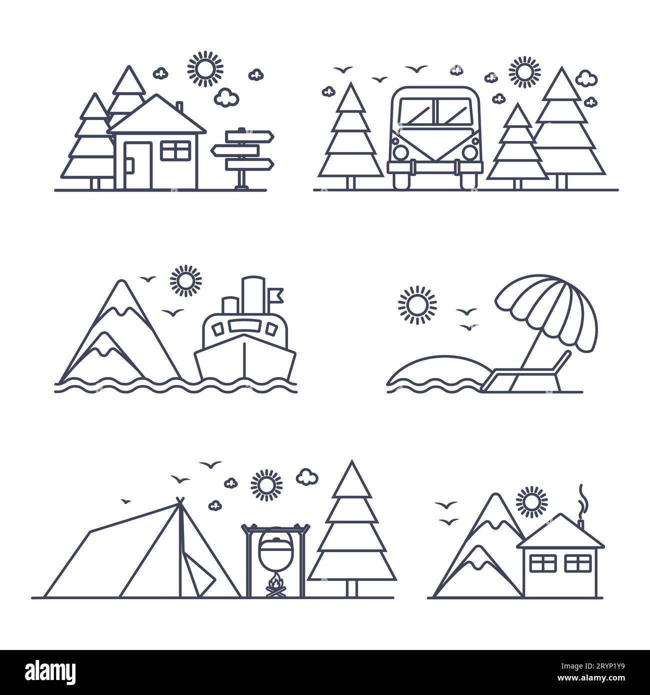 Set of simple travel icons. Vacation hiking in the mountains and resort ...