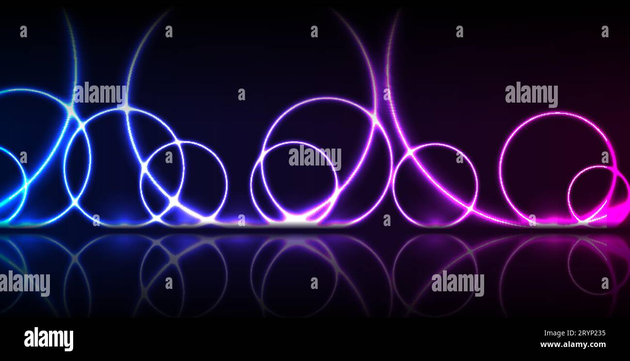 Blue and ultraviolet neon laser circles with reflection. Abstract rings ...