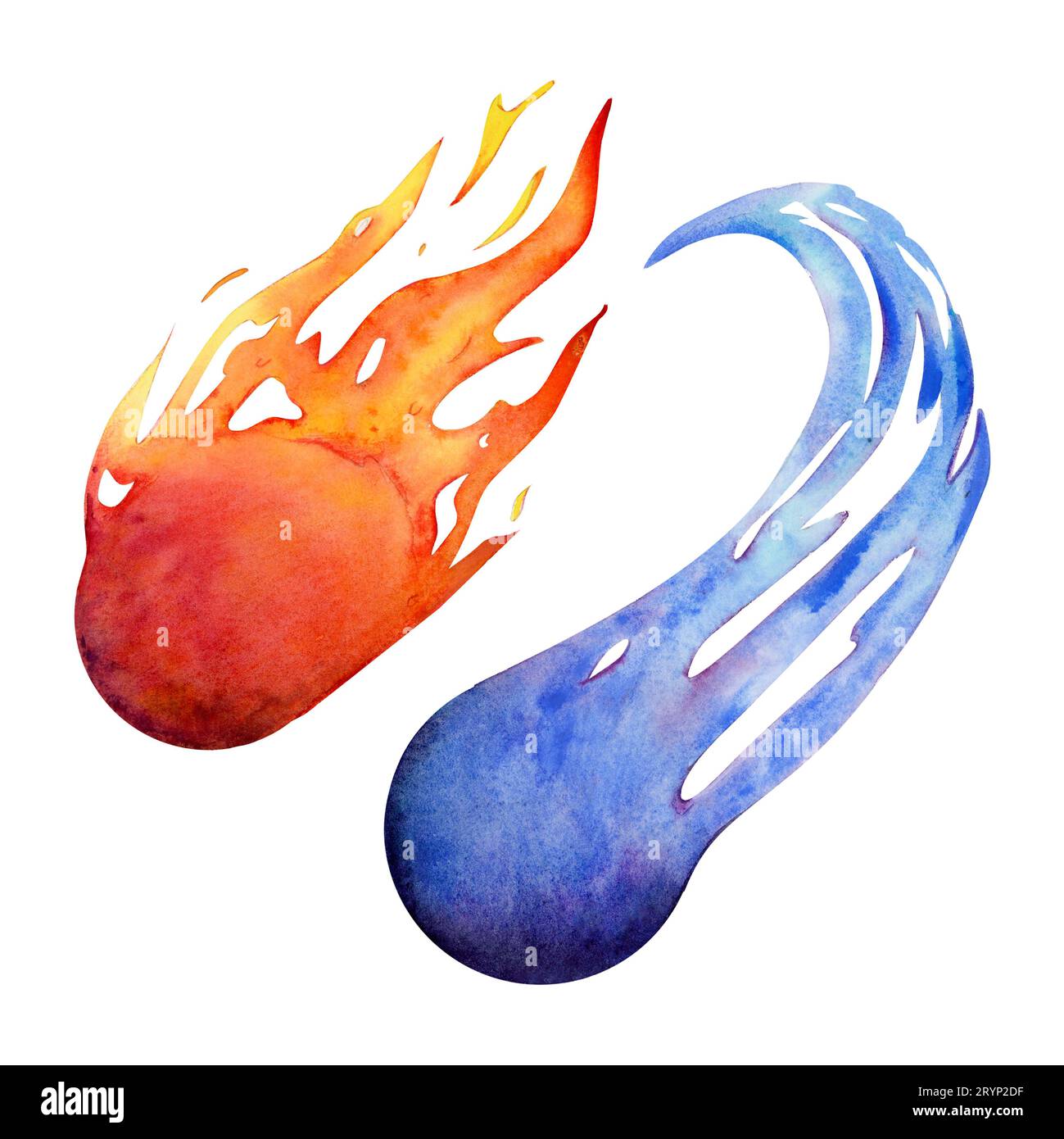 Watercolor drawing set of two flying orange and blue fiery flame comets ...