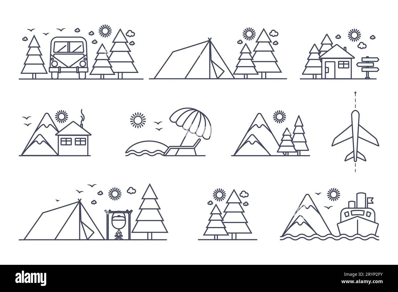 Set of simple travel icons. Vacation hiking in the mountains and resort ...