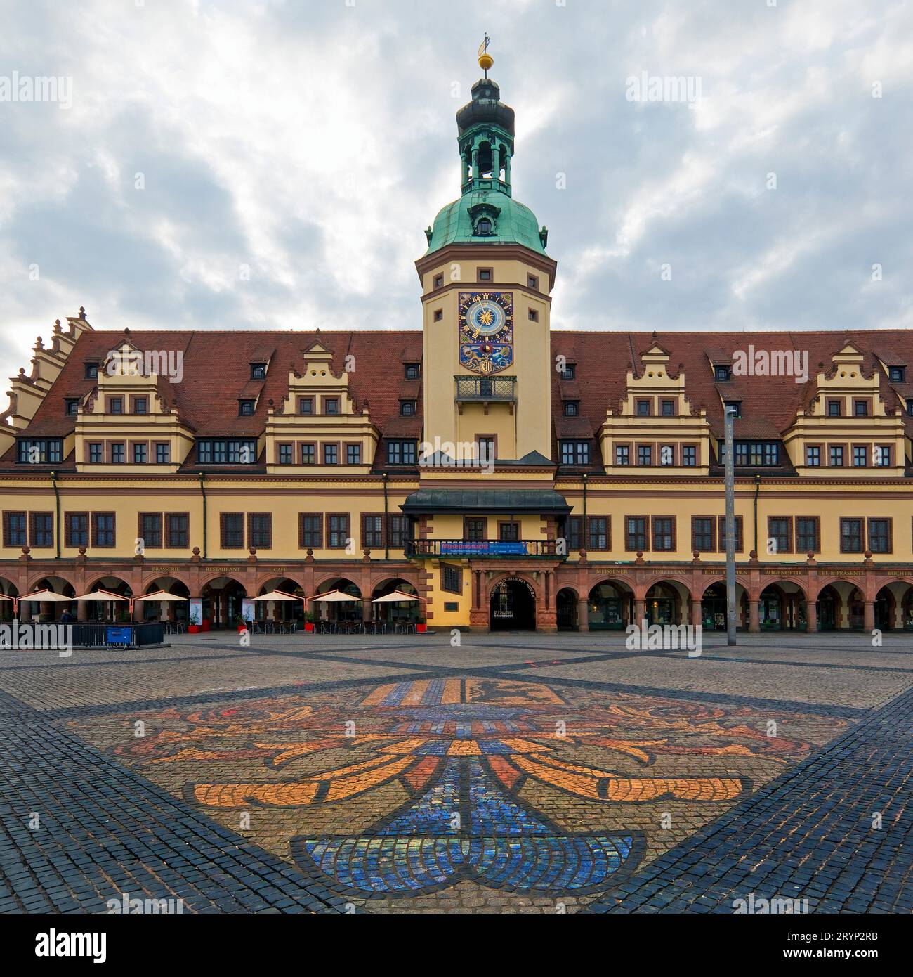Leipzig market with city coat of arms on the pavement in front of the ...
