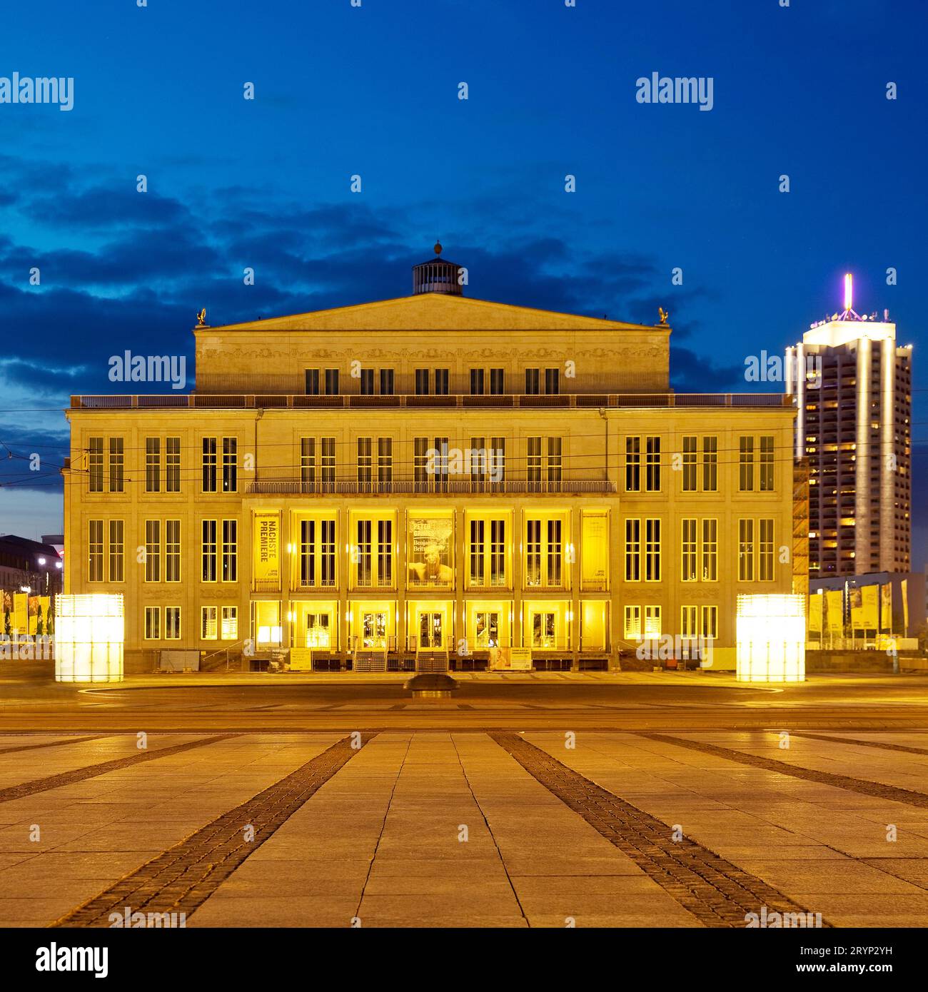 Opera in the evening with the Winter Garden Tower, Augustusplatz ...