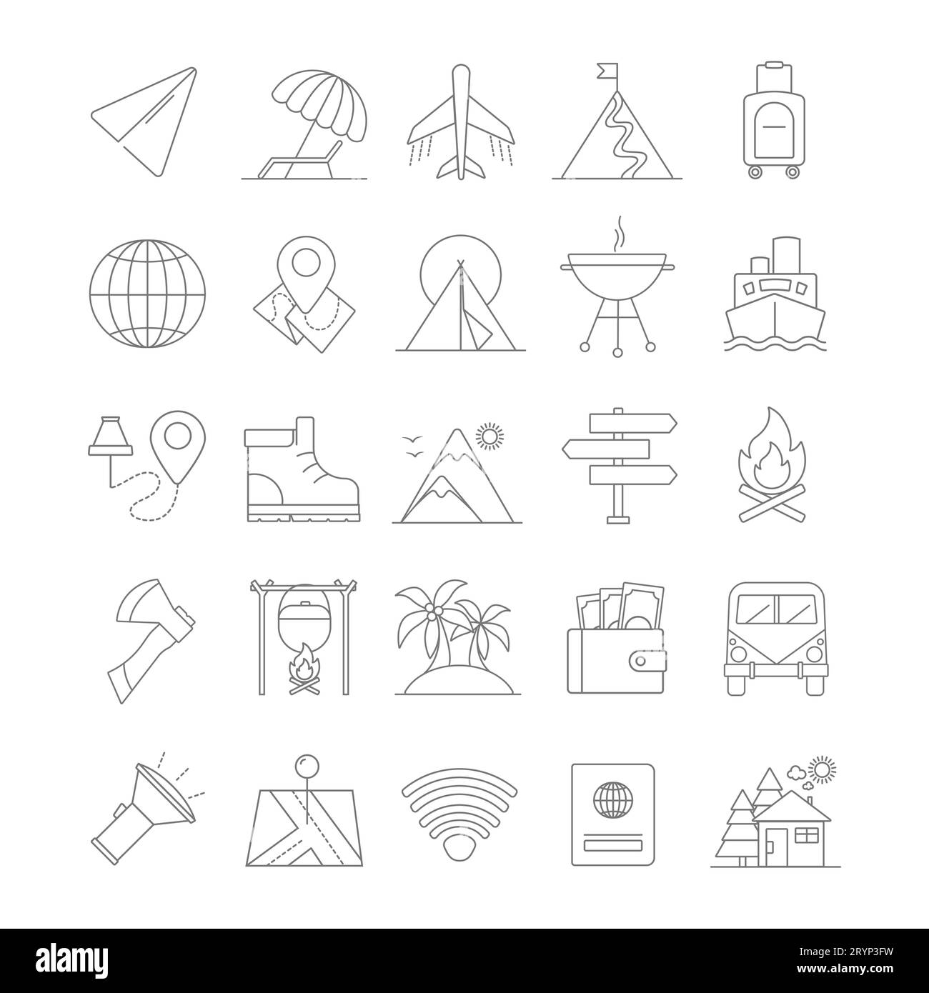 Set of simple travel icons. Vacation hiking in the mountains and resort ...