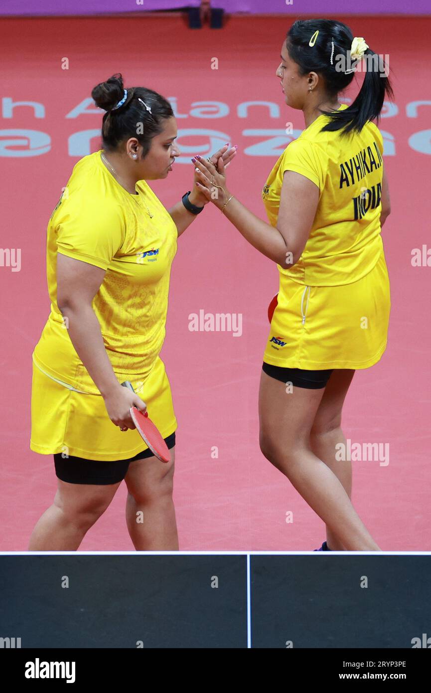 Hangzhou, China's Zhejiang Province. 2nd Oct, 2023. Sutirtha Mukherjee(L)/Ayhika Mukherjee of ...