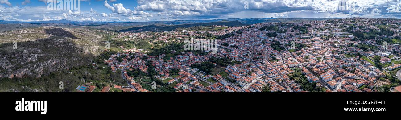 Aerial view panorama with sunshine, shadow, white clouds, rain shower ...