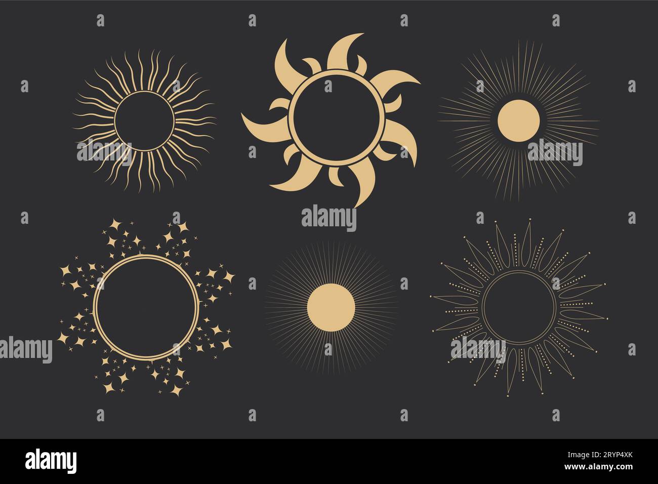 Set golden celestial frames sun, borders, arch line art esoteric ...