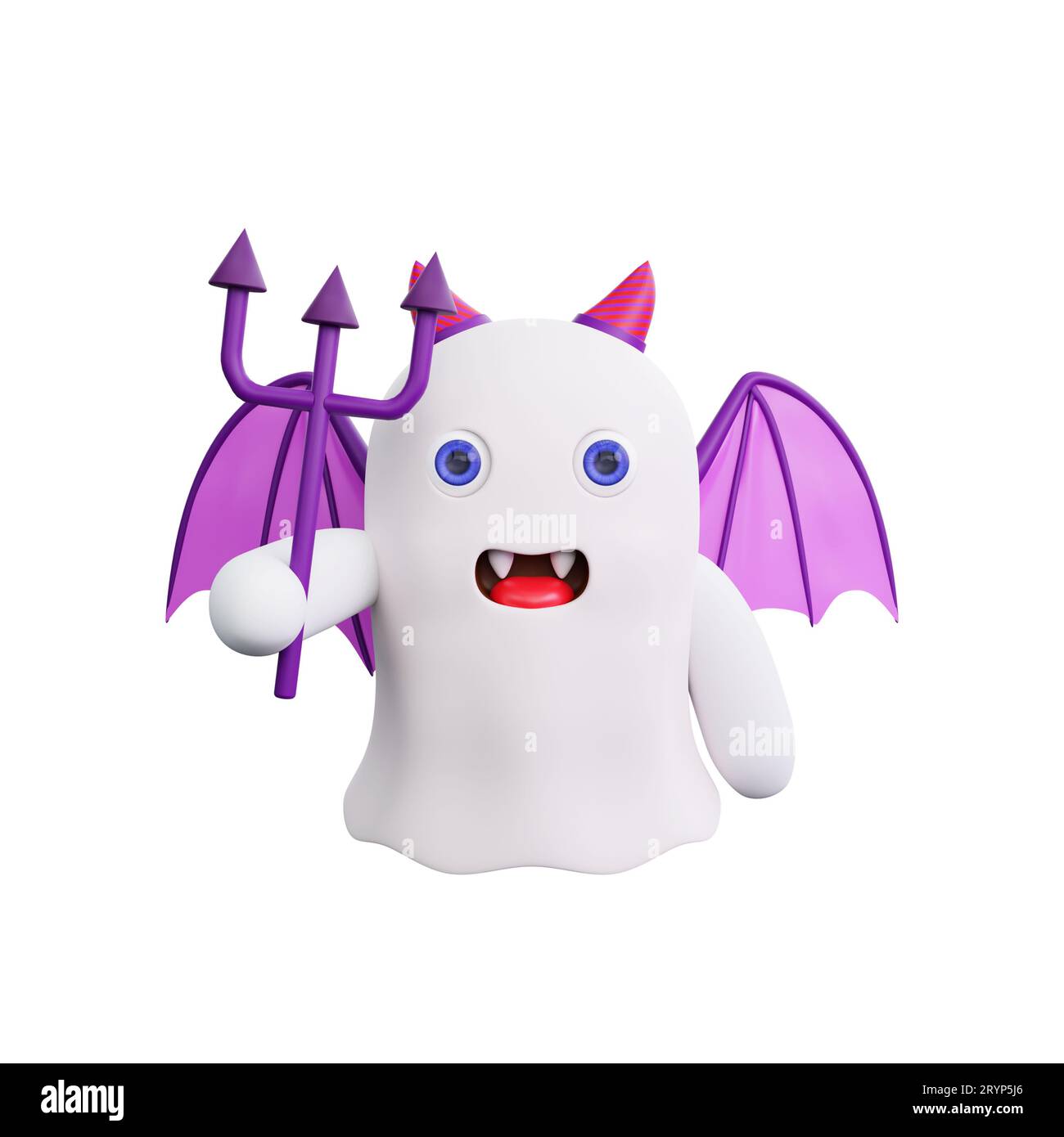 3D cartoon ghost with devil costume,purple bat wings and a trident ...