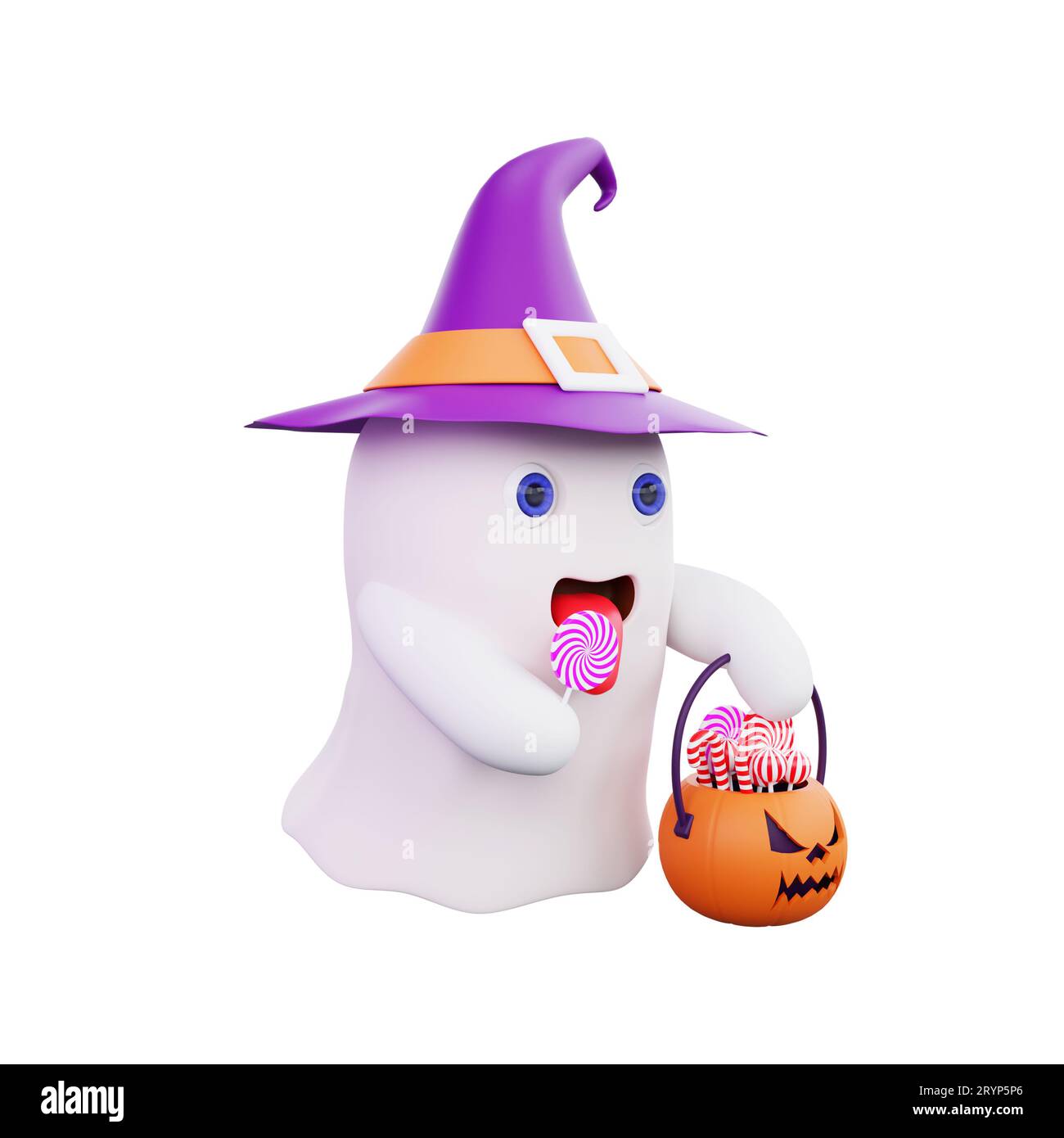 3D ghost with a purple witch hat, holding a pumpkin basket filled with ...