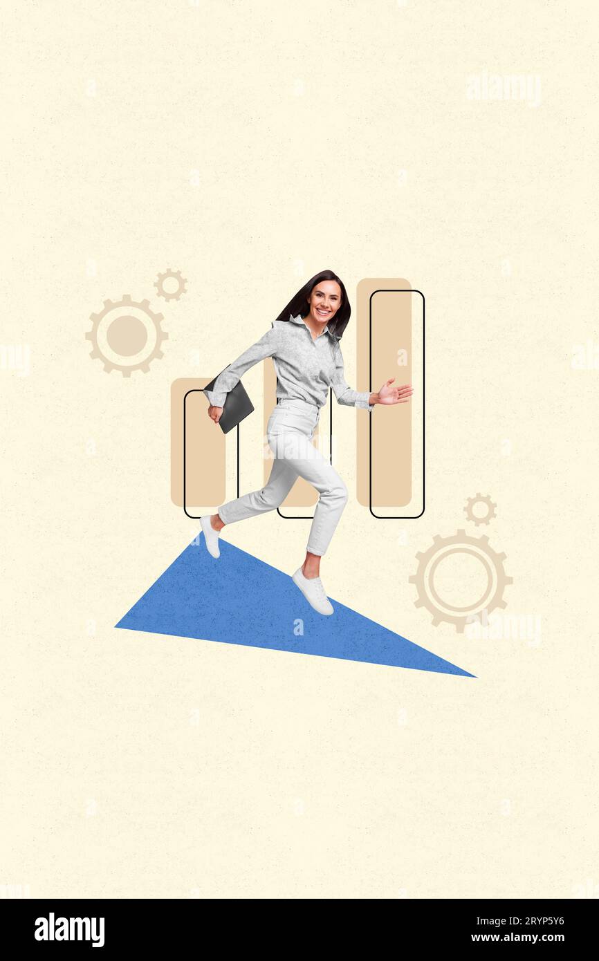 Collage sketch poster of successful happy girl running forward goal ...