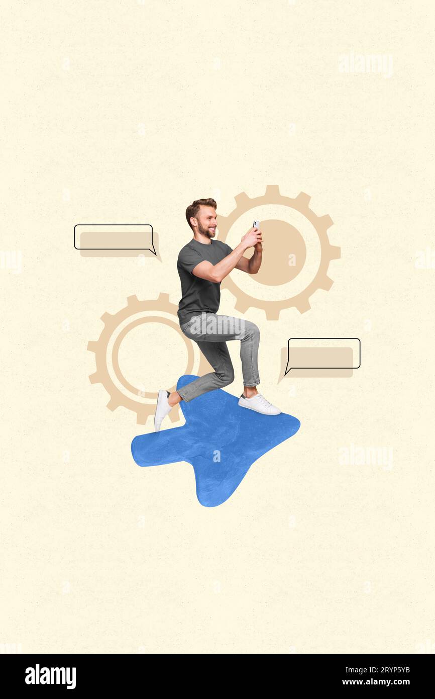 Image collage sketch of happy handsome running man typing texting ...