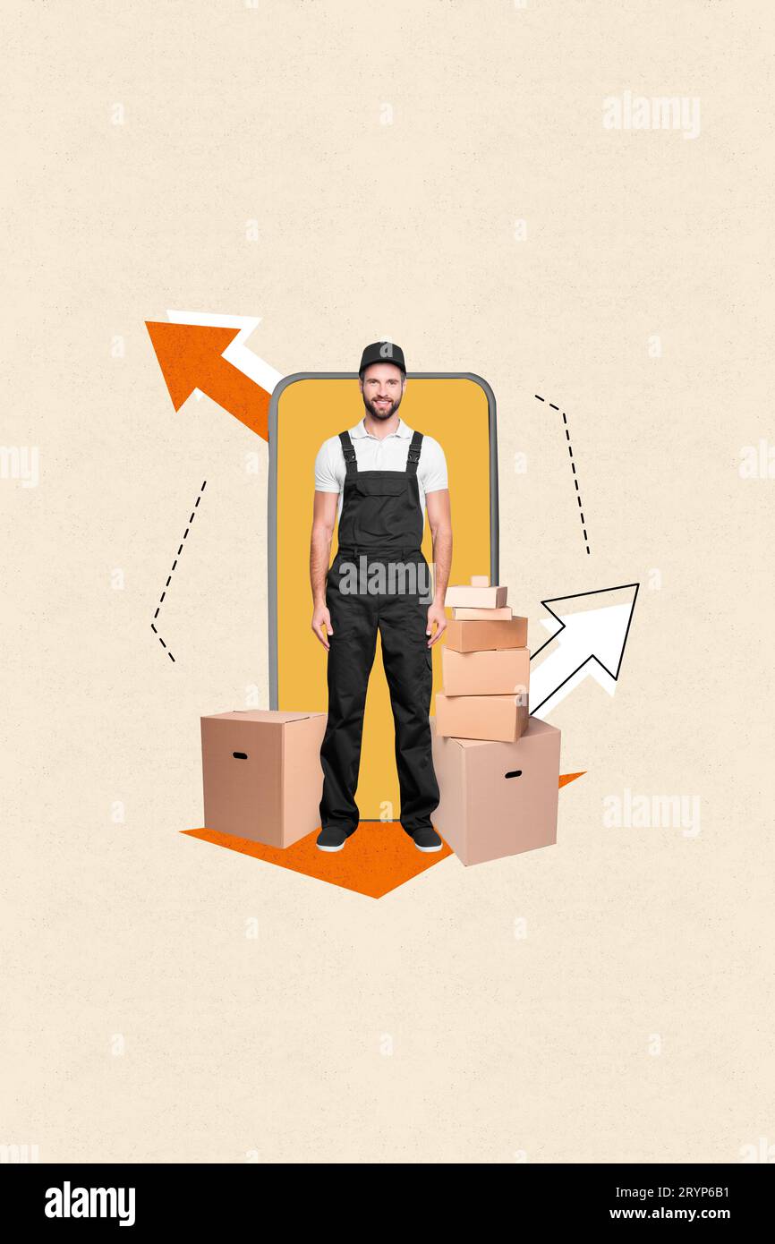 Vertical creative composite photo collage of courier processes delivery ...