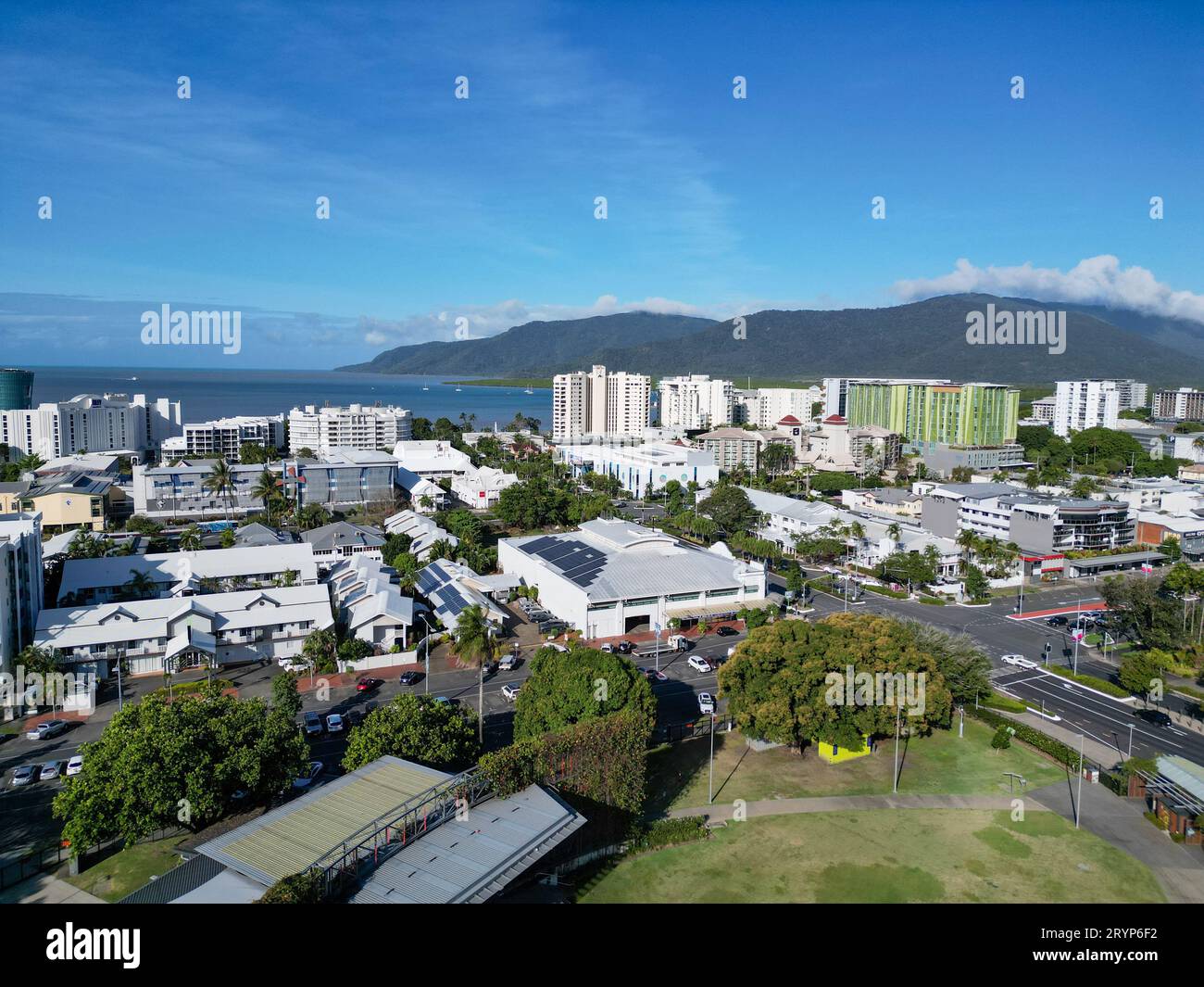 Aerial view of Cairns CBD with a nature backdrop in Martin Munro park ...
