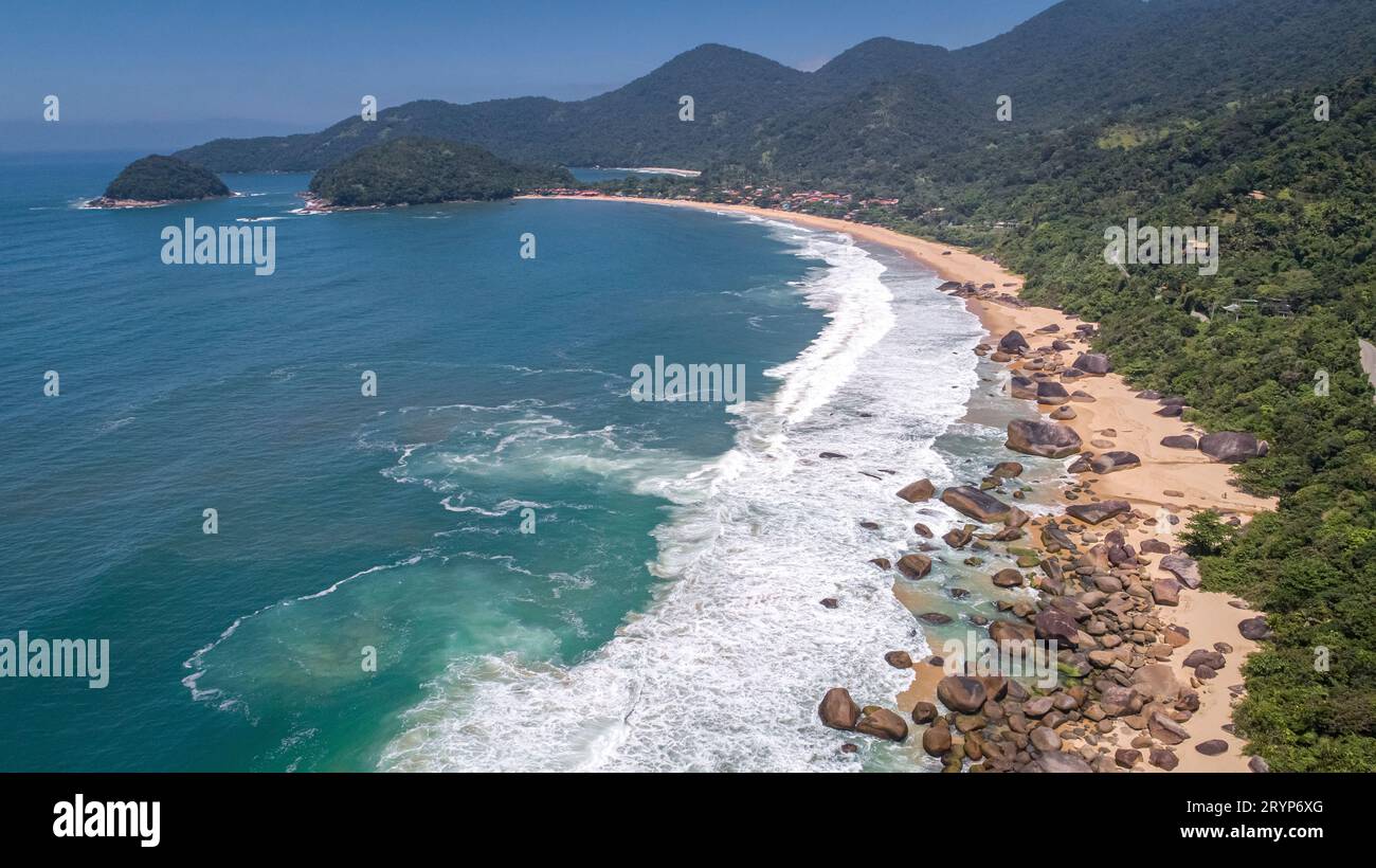 Aerial view to wonderful Green Coast shoreline and mountains covered ...