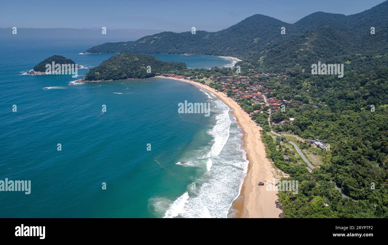 Aerial view to the small beach village Picinguaba, islands and bay ...