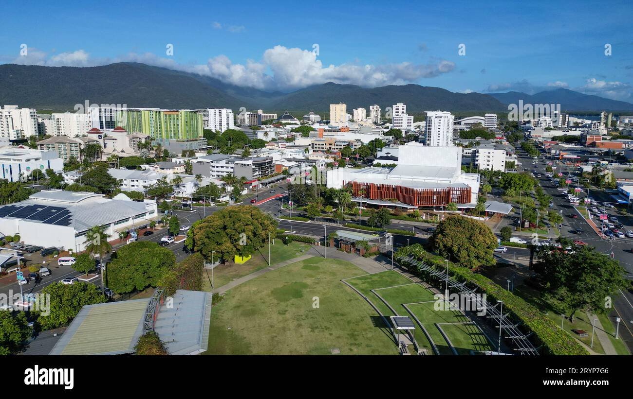 Aerial view of Cairns CBD with a nature backdrop in Martin Munro park ...