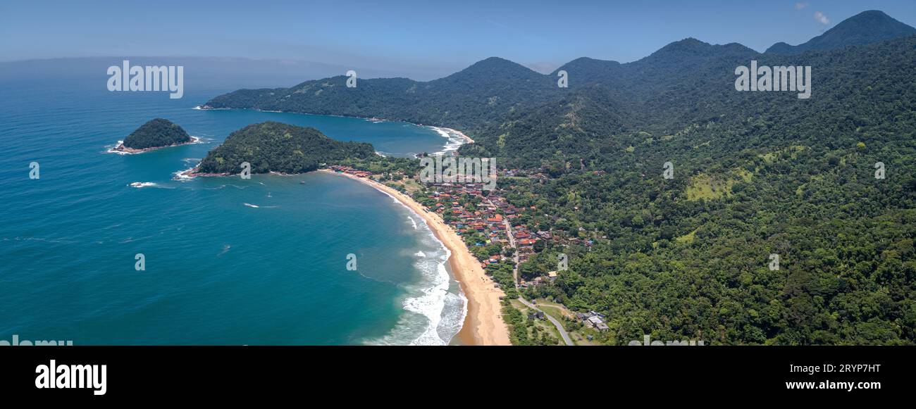 Aerial view to the small beach village Picinguaba, islands and bay ...