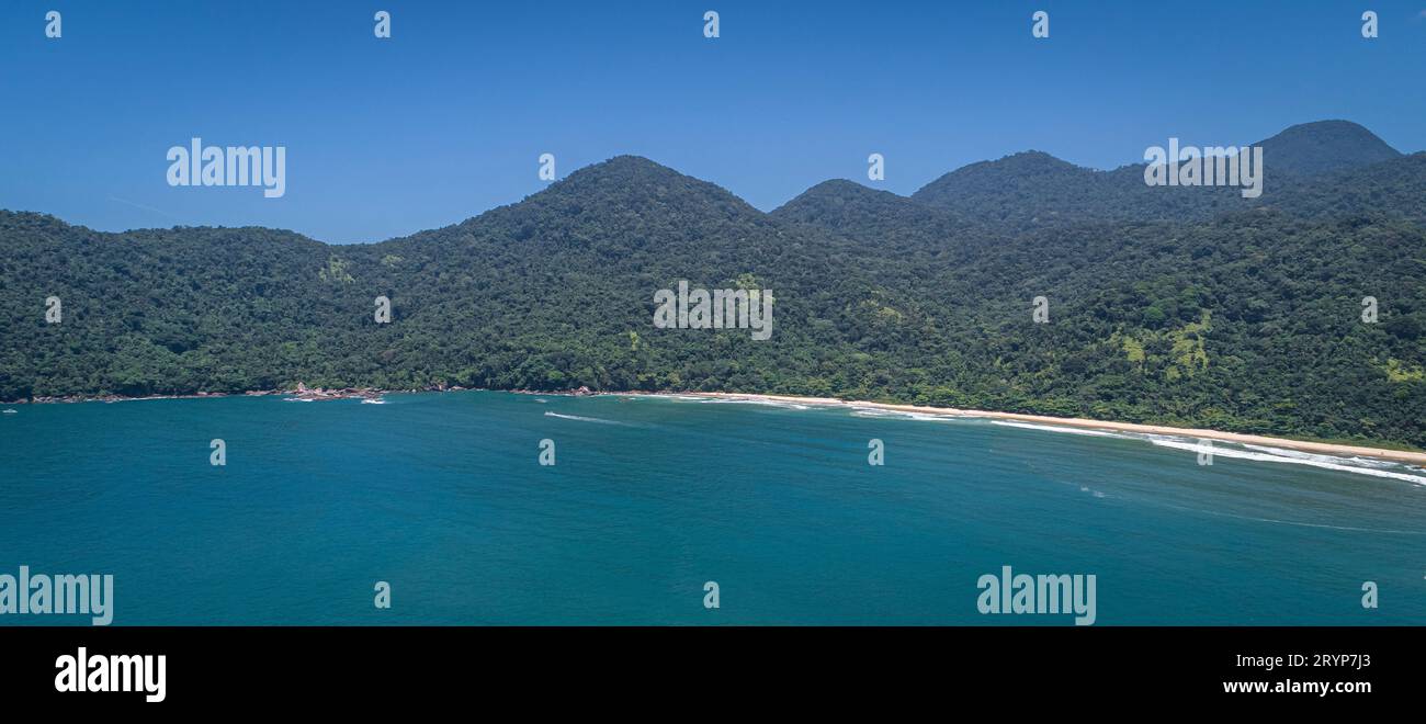 Panoramic aerial view to wonderful Green Coast shoreline and mountains ...
