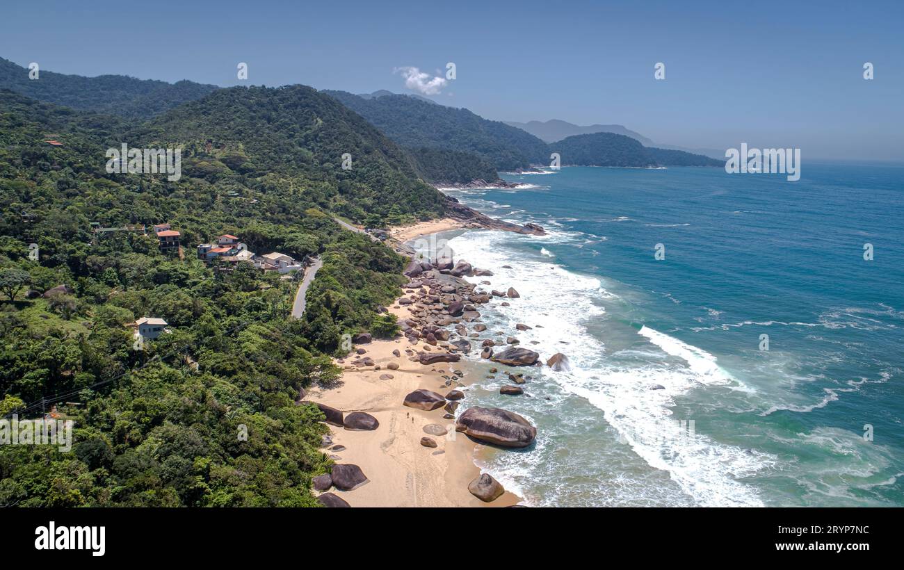 Aerial view to wonderful Green Coast shoreline and mountains covered ...