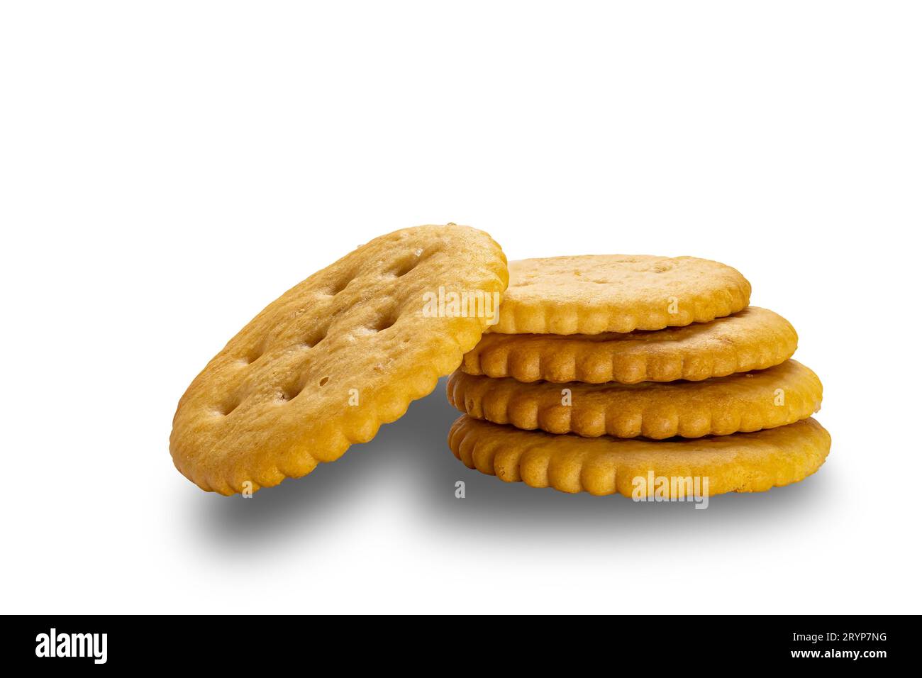 Side view stack of crunchy salted round crackers isolated on white ...