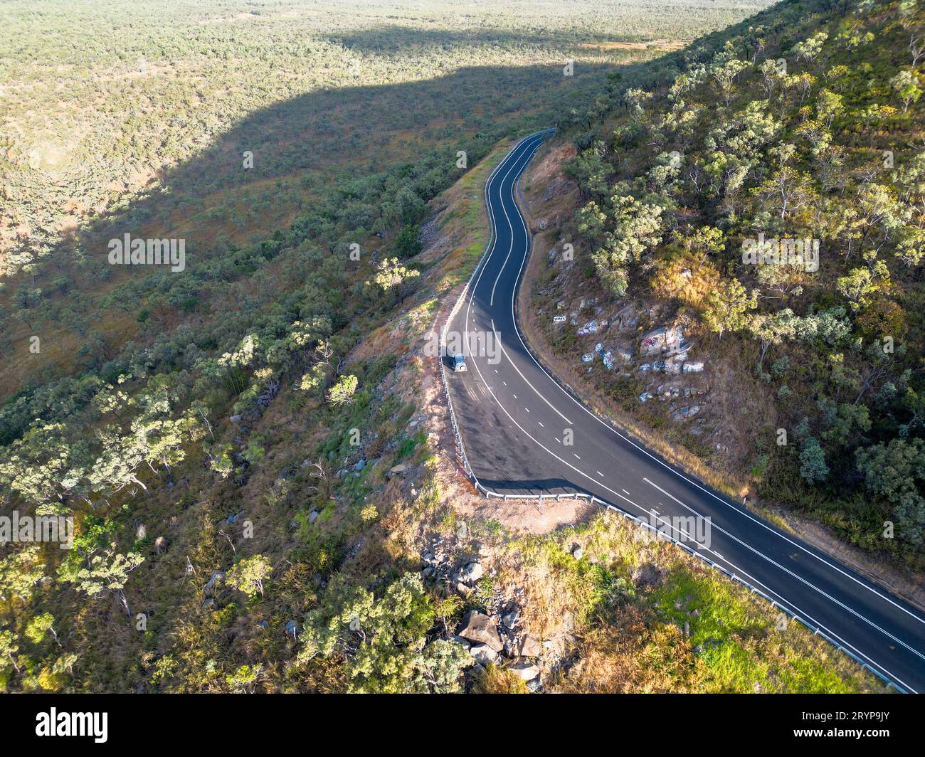 Aerial view of tropical remote road in Far North Queensland with ...