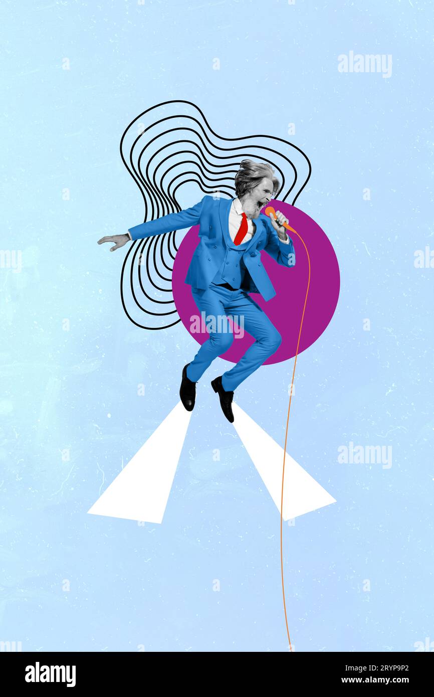 Composite collage image of energetic active jumping up host singer ...