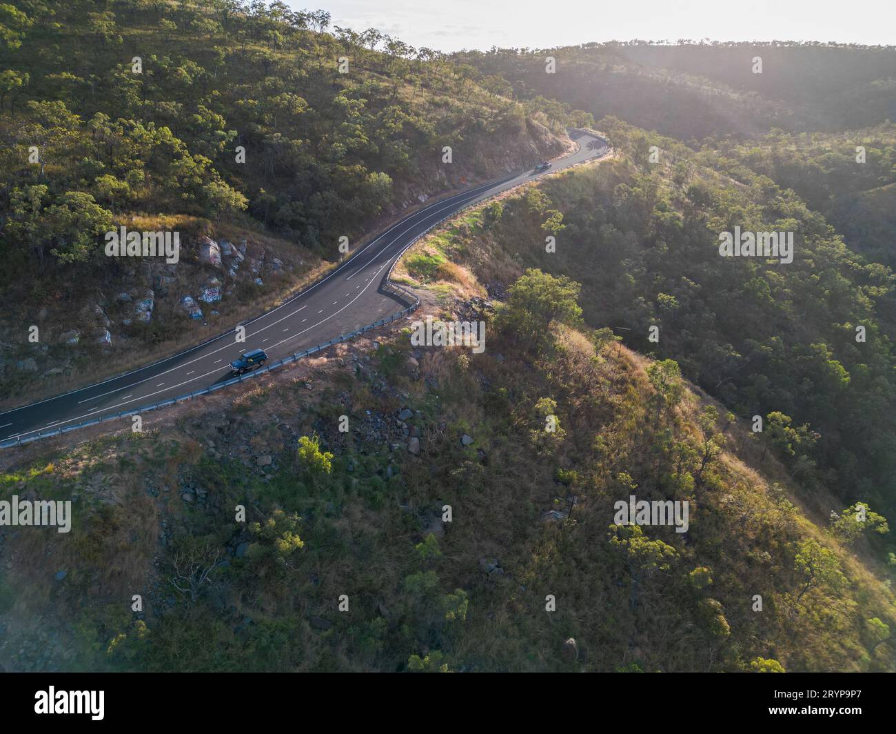 Aerial view of tropical remote road in Far North Queensland with ...