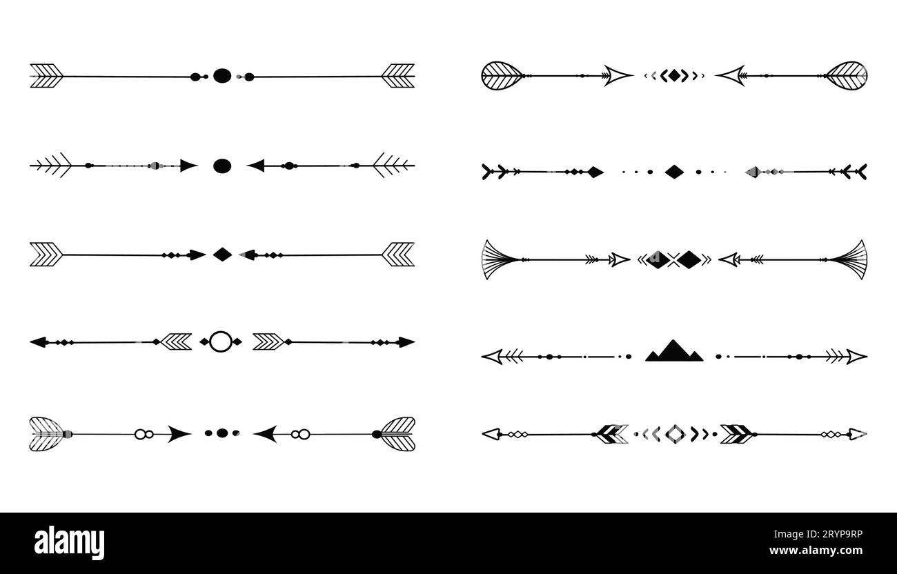 Set tribal ethnic arrow dividers, native indian bow boho in doodle ...