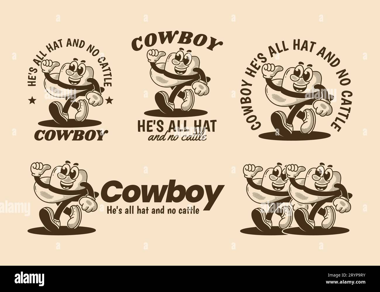 Cowboy, He's all hat and no cattle. Vintage mascot character of walking ...