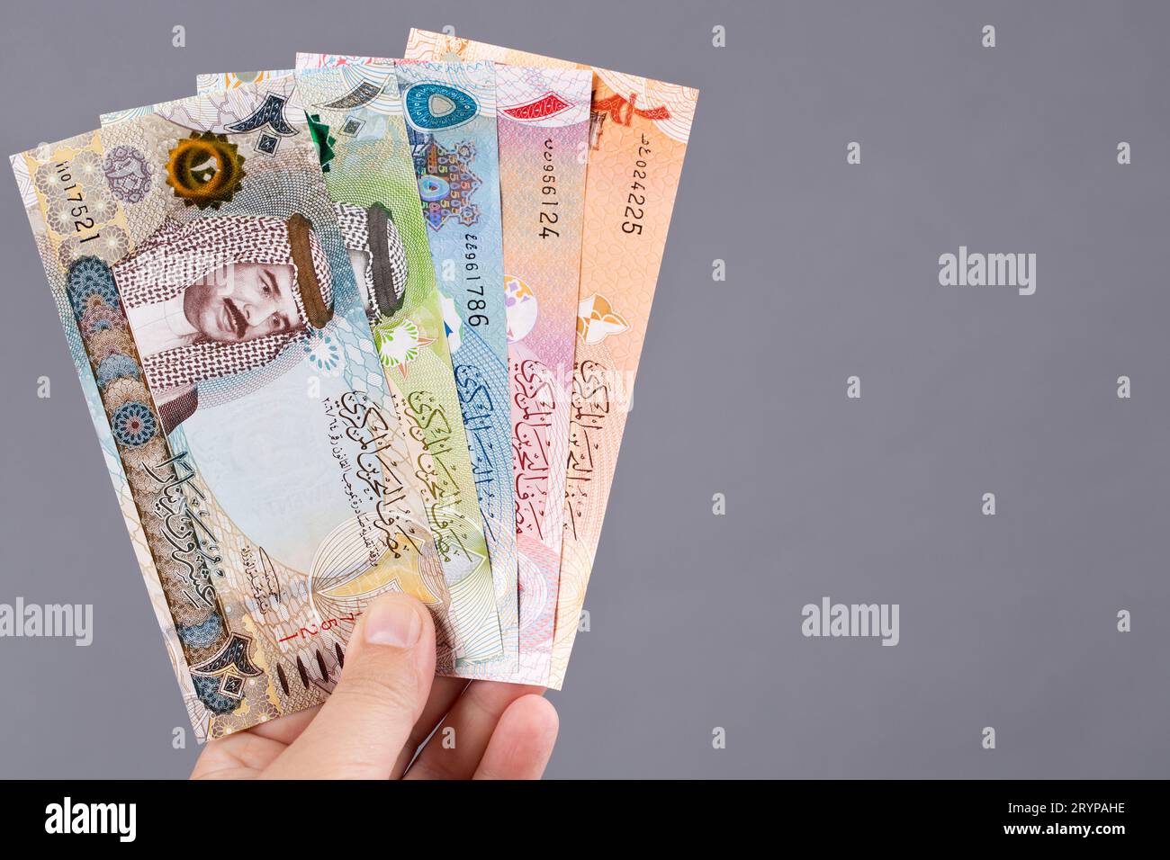 Bahraini money in the hand on a gray background Stock Photo - Alamy