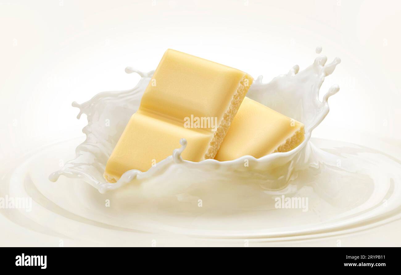 White chocolate bars falling into milk splash Stock Photo - Alamy