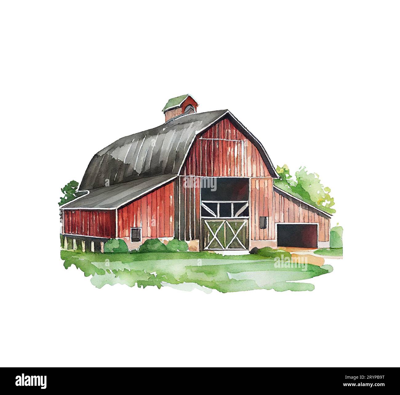 Red farm house barn. Watercolor illustration landscape white isolated ...