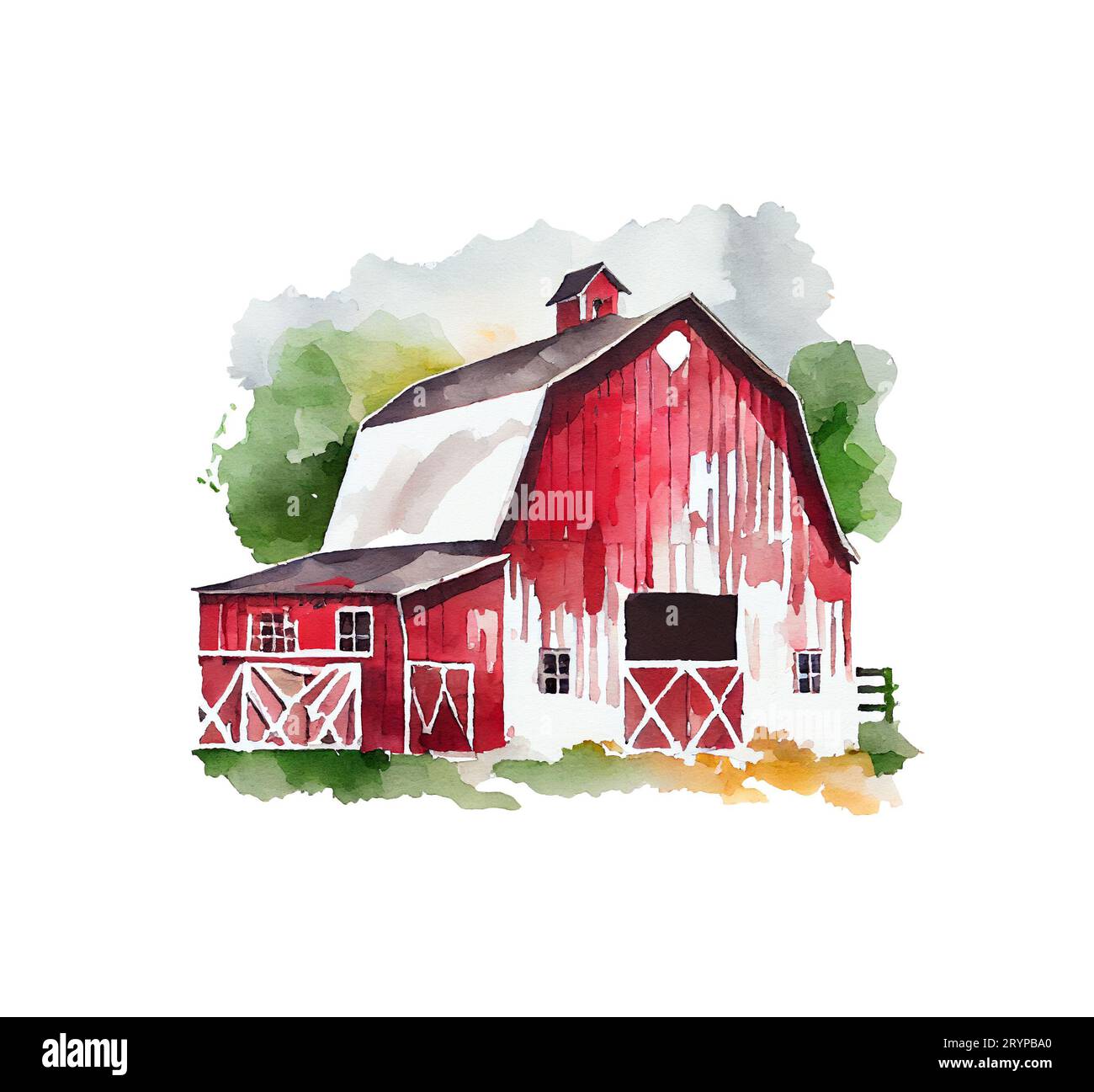 Red farm house barn. Watercolor illustration landscape white isolated ...