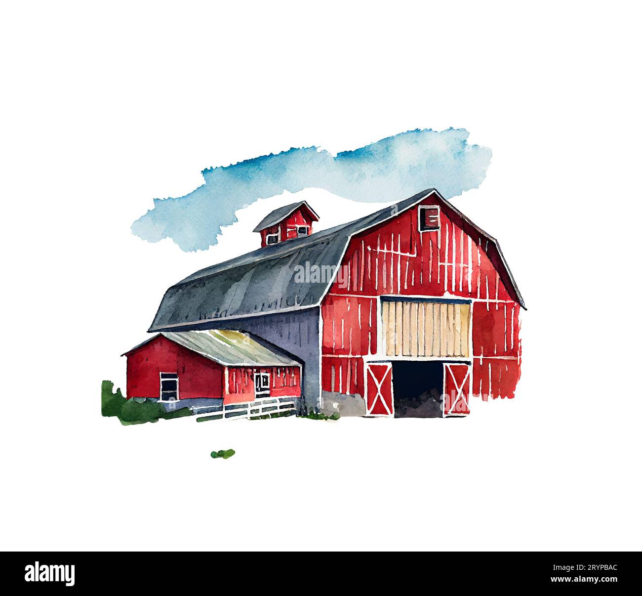 Red farm house barn. Watercolor illustration landscape white isolated ...