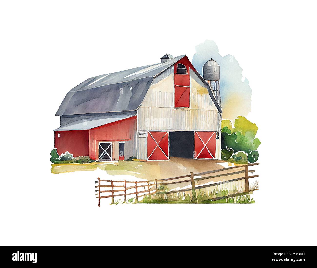 Red farm house barn. Watercolor illustration landscape white isolated ...