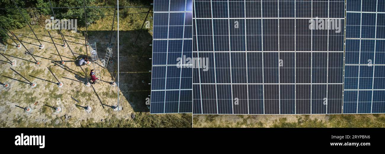 Collage of photos of installation and ready solar panels in field at ...