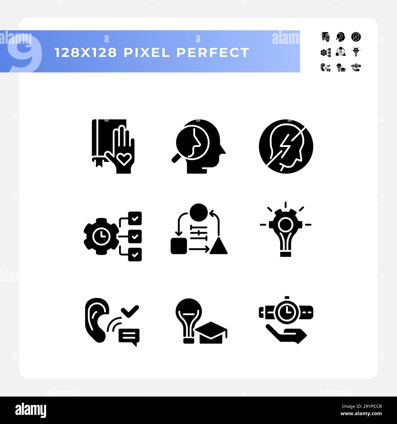 Pack of pixel perfect glyph style soft skills icons Stock Vector Image ...
