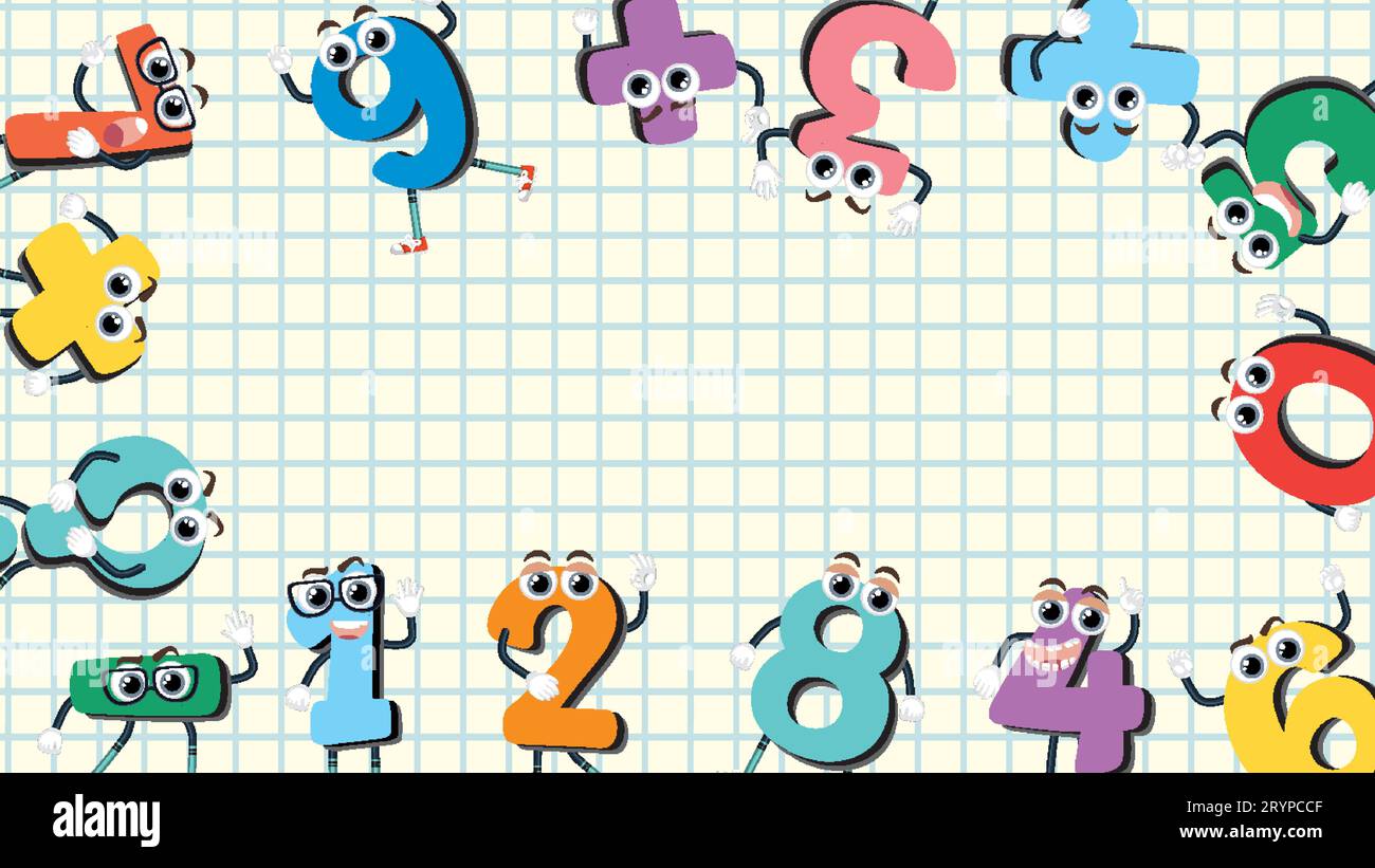 Math Number with Eyes Cartoon Character on Checkered Background ...