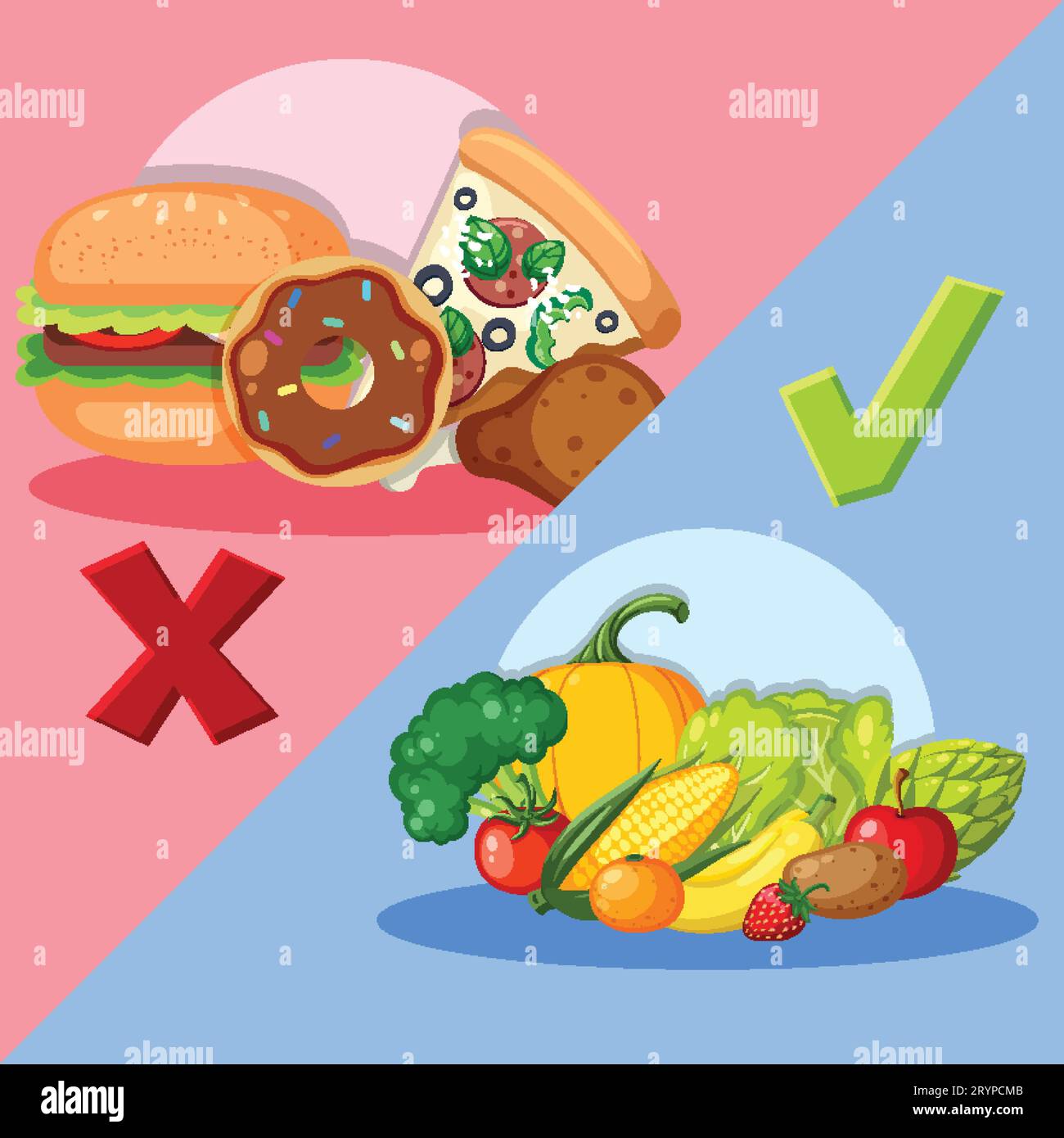 Comparison Of Healthy Food Vs Unhealthy Junk Food Illustration Stock