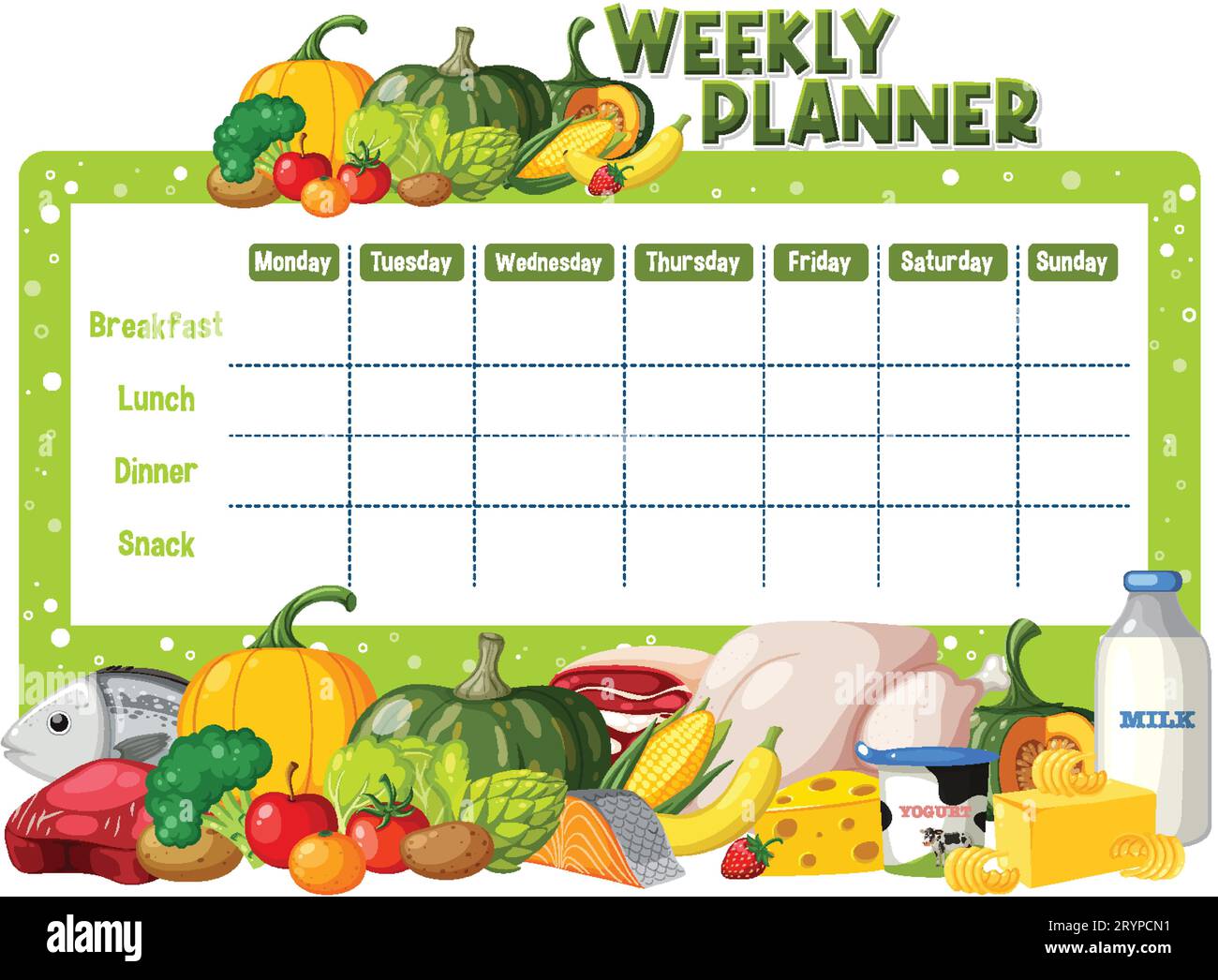 A cartoon-style vector illustration of a weekly meal planner for ...