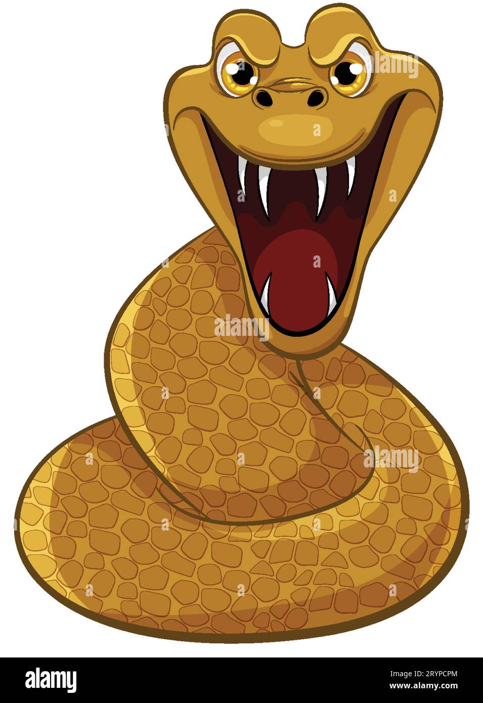 A yellow snake with scales, open mouth and sharp teeth is ready to bite ...
