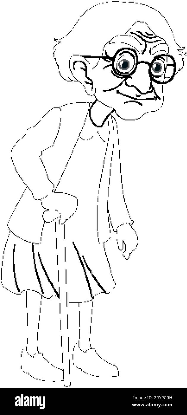 An old grandmother using a walking stick, depicted in a vector cartoon ...